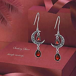 VONALA Celtic Moon Earrings 925 Sterling Silver Created Ruby Dangle Earrings for Women Red Ruby Dangling Earrings Ruby Jewelry Gifts for Women