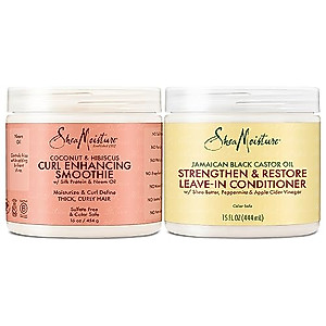 Shea Moisture Coconut and Hibiscus Curl Enhancing Smoothie Bundled with Shea Moisture Jamaican Black Castor Oil Strengthen, Grow & Restore Leave-In Conditioner, Family Size (2 Pack - 15 Oz Ea)
