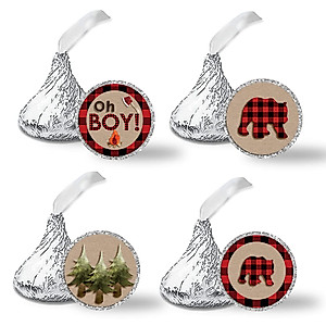 Oh Boy! Outdoorsy Red and Black Plaid Lumberjack Boy Baby Shower Kiss Sticker Labels, 300 0.75” Circle Sticker for Chocolate Kisses by Amanda Creation, Great for Favors, Treats, Envelopes & Goodie Bag