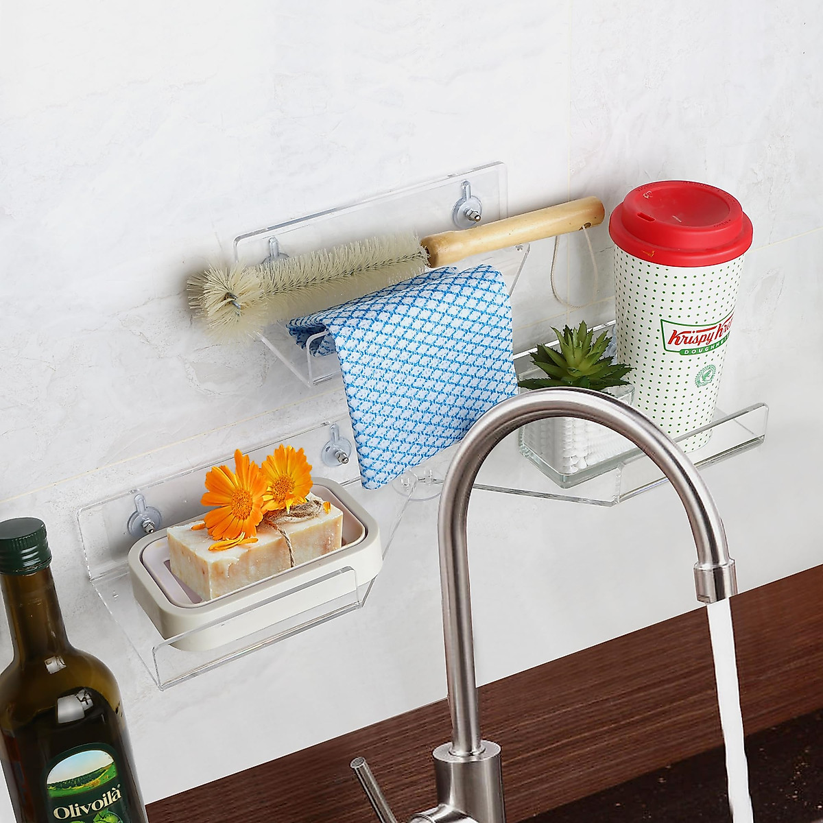 Bathroom Shelf Acrylic Lower or Over The Sink Shelf for Small Bathroom,Behind Faucet & Swivel Corner Floating Shelves for Kitchen Faucet Shelving,Smart Self-Adhesive & Drilling Mount (Large)