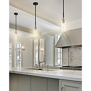 UL-Listed Glass Pendant Light with E26 LED Bulb, JACKYLED Adjustable Height Antique Brass Hanging Light, Modern Gold Pendant Light for Kitchen Island