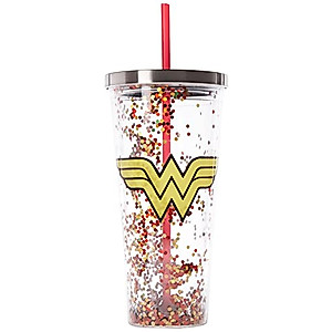 Spoontiques - Glitter Filled Acrylic Tumbler - Glitter Cup with Straw - 20 oz - Stainless Steel Locking Lid with Straw - Double Wall Insulated - BPA Free - Wonder Woman - Red & Gold