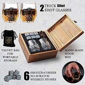 Whiskey Gifts for Fathers Day Men – 6 Whiskey Stones 2 Whiskey Shot Glasses 2.7 Ounce Wood Box and Velvet Pouch Cold Stones for Scotch, Whiskey, Bourbon, Tequila, Vodka, Rum, Wine