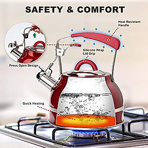 Secura Whistling Tea Kettle, 2.3 Qt Tea Pot, Stainless Steel Hot Water Kettle for Stovetops with Silicone Handle, Tea Infuser, Silicone Trivets Mat, Red