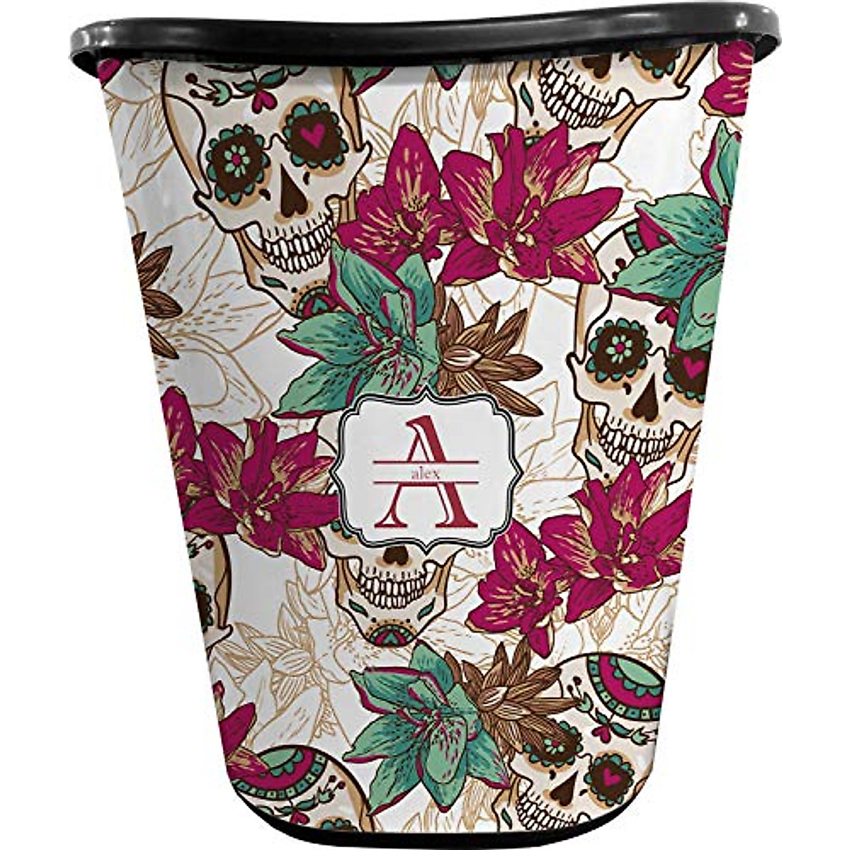 RNK Shops Sugar Skulls & Flowers Waste Basket - Single Sided (Black) (Personalized)
