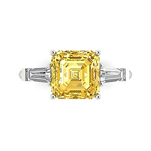 Clara Pucci 3.50 ct Asscher cut 3 stone Solitaire Natural Yellow Citrine Engagement Promise Anniversary Bridal Ring 18K White Gold 5