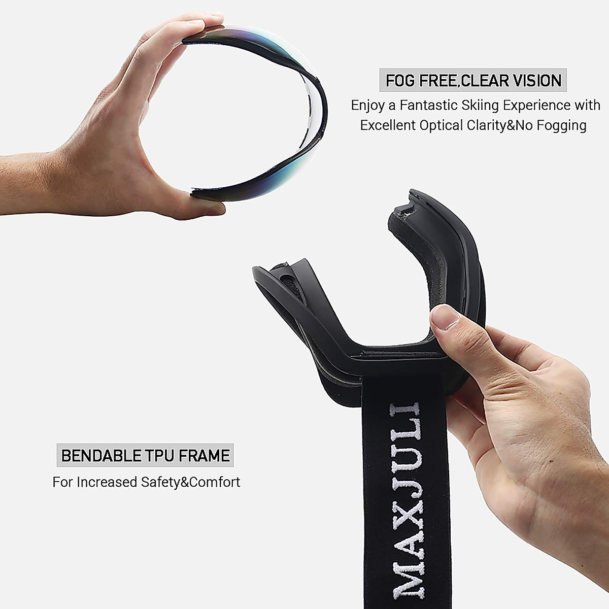 JULI Ski Goggles, Skiing Skating Snowboarding Goggles with Anti-Fog UV Protection M3(Black Frame/82% VLT Clear Len)