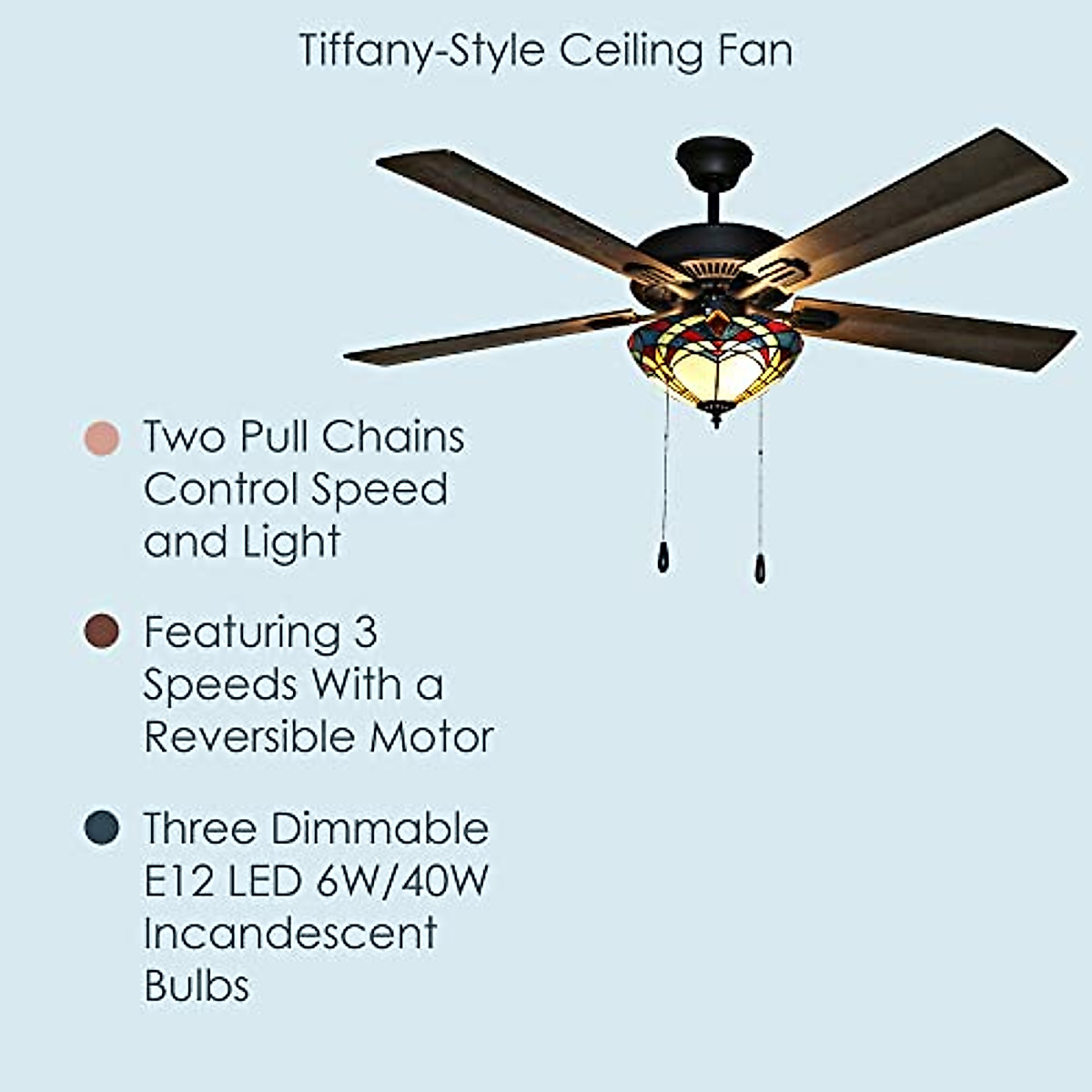 RIVER OF GOODS Tiffany-Style Stained Glass Ceiling Fan - 52" L x 52" W - Distressed Light and Dark Brown Fan Blades