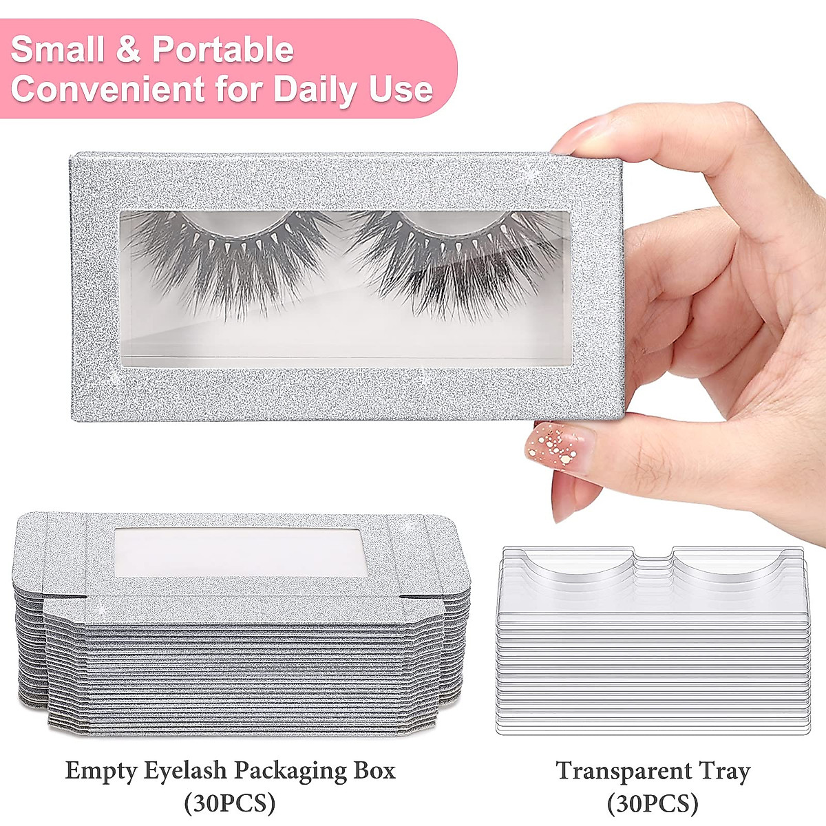 Noverlife 60PCS Empty Eyelash Packaging Box and Tray, 30 False Eyelash Storage Case 30 Transparent Tray, Lash Packaging Storage Container Lash Case Holder Tray Fake Lashes Holder Set - Glitter Silver