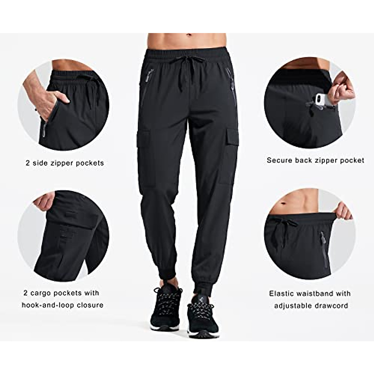 Libin Men's Lightweight Joggers Quick Dry Cargo Hiking Pants Track Running Workout Athletic Travel Golf Casual Outdoor Pants, Black L