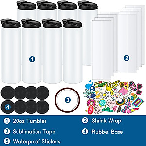 8 Pack 20 oz Sublimation Tumblers Dual Opening Blank Bottles Triple-Insulated Stainless Steel Water Bottle with Straw Lid Blank Tumbler Bulk with Shrink Wrap, Rubber Base, Heat Tape for Heat Transfer