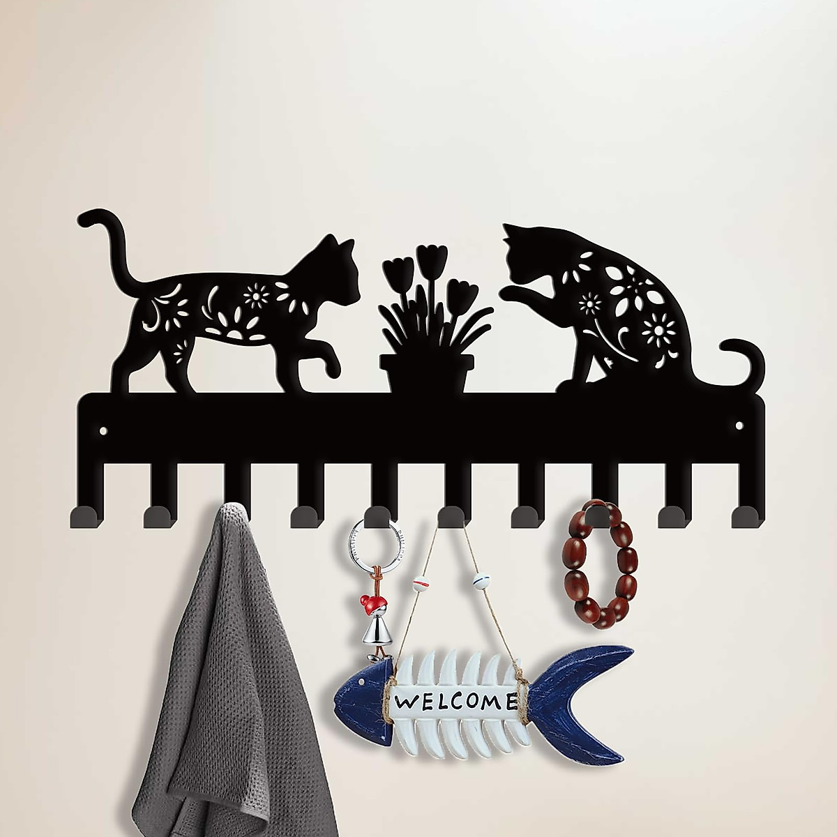 SUPERDANT Cats Metal Key Holder Cat Flower Decorative 10 Hook Key Rack Organizer Wall Mounted Entryway Key Belt Umbrella Hooks Personalized Key Hanger for Wall Front Door Gift for Cat Lovers