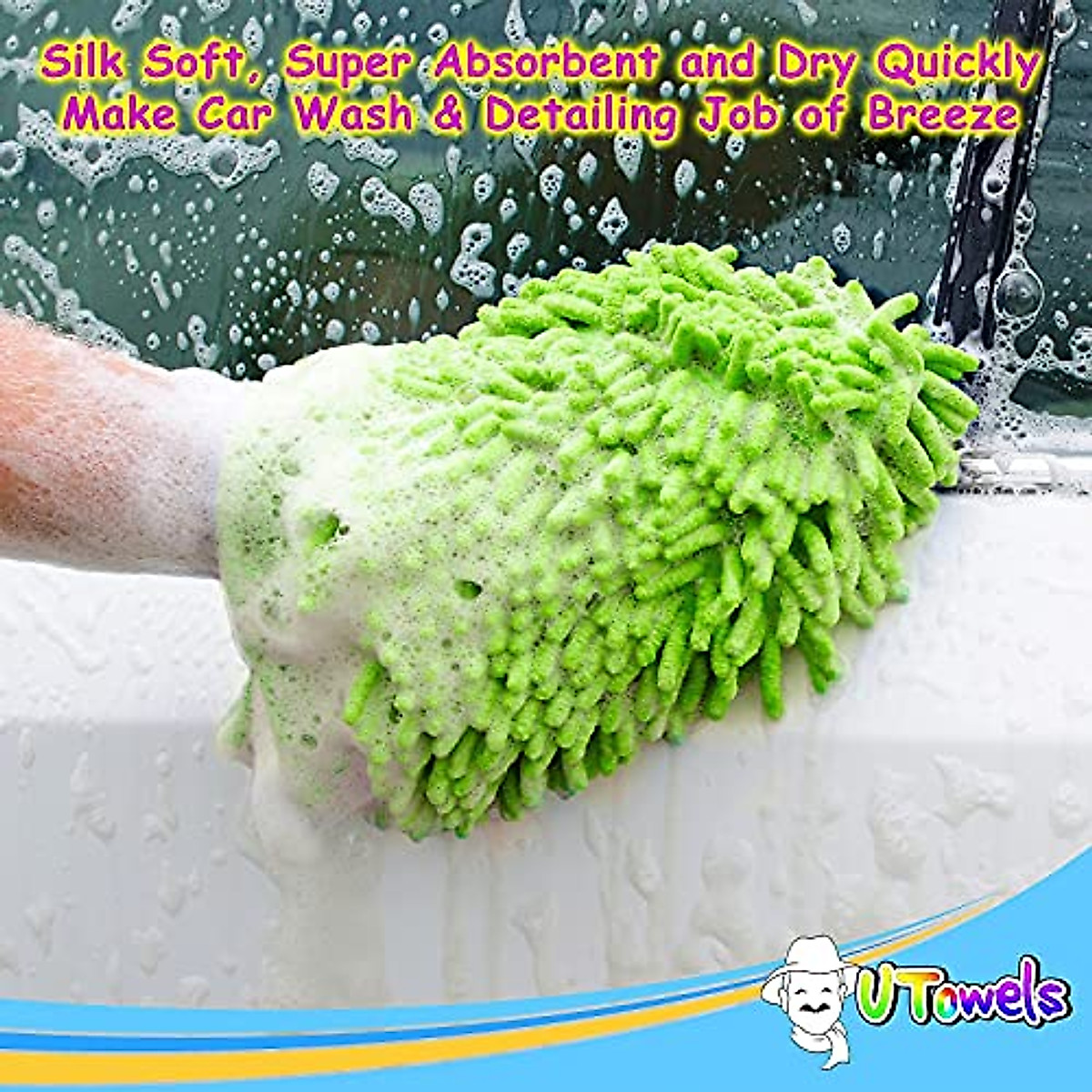 Large Car Wash Mitt, Microfiber Auto Detailing Towel Cleaning Cloth Rag (1 Large Car Detailing Mitt and 1 Large Drying Towel, Green, Blue)
