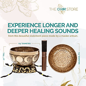 Ancient Design Large Tibetan Singing Bowl Set by Ohm Store — Relaxing Deep Tone Meditation Sound Bowl and Wooden Mallet Handcrafted in Nepal — Inner Space Bowl 6.5 Inch