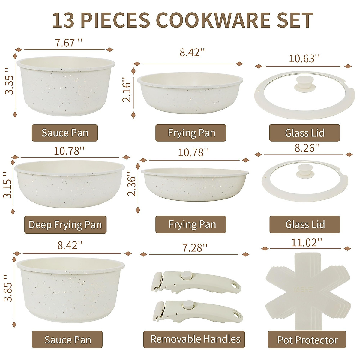 YASHE 13-Pieces Pots and Pans Set Non Stick, Ceramic Kitchen Cookware Set, Detachable Dandle Pots and Pans with Pan Protectors, PFOS and PFOA Free