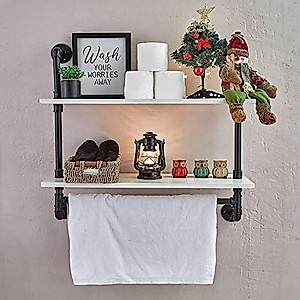 ROGMARS Industrial Pipe Shelving Floating Bathroom Shelves with Towel Bar Over Toilet,2 Tier 30 inch Retro White Rustic Farmhouse Pipe Wall Shelves for Kitchen Storage (30inch 2 Tier)