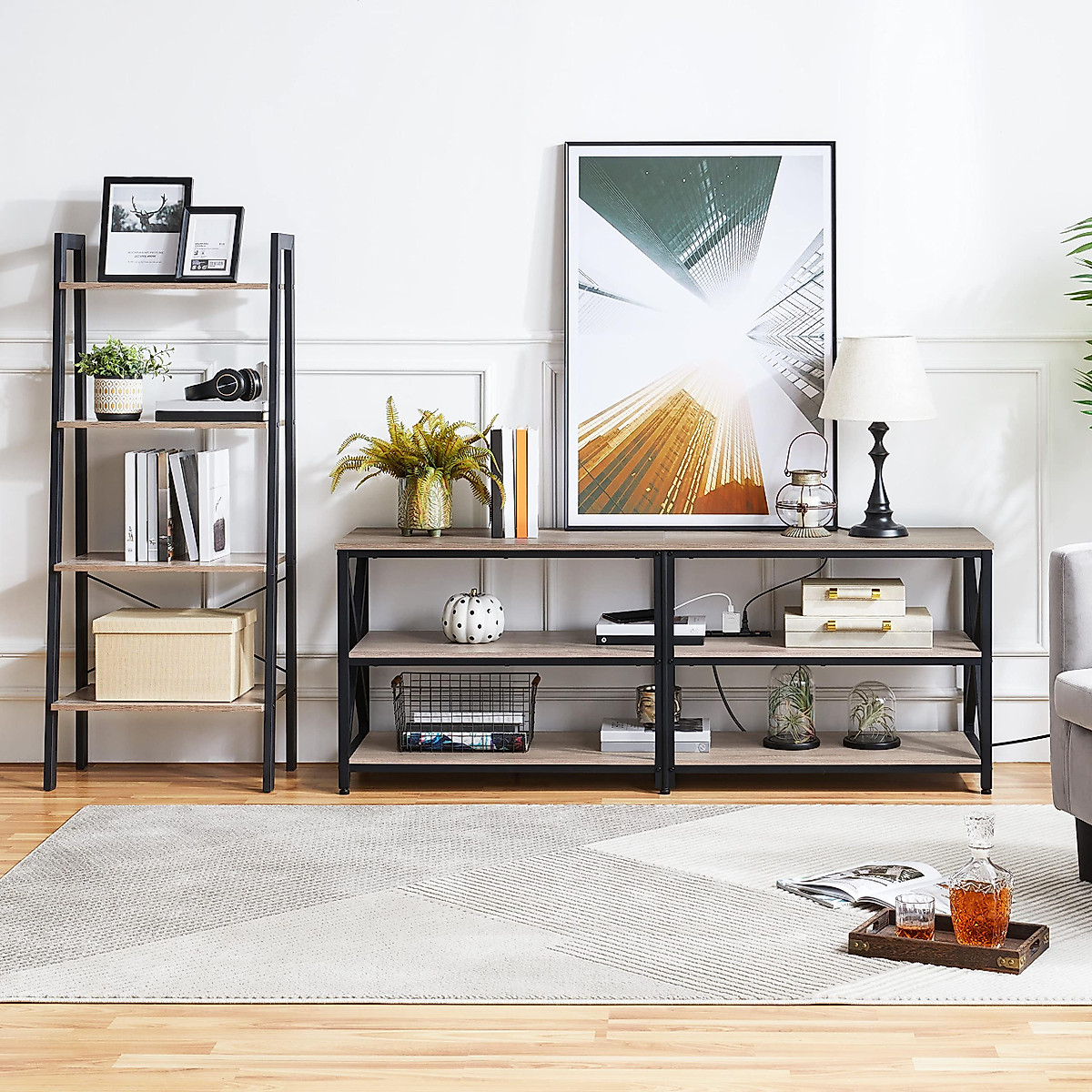 Yaheetech TV Stand with Power Outlet for 70 Inch TV, 3 Tiers TV Storage Cabinet, Entertainment Center with Charging Station for Living Room, Gray