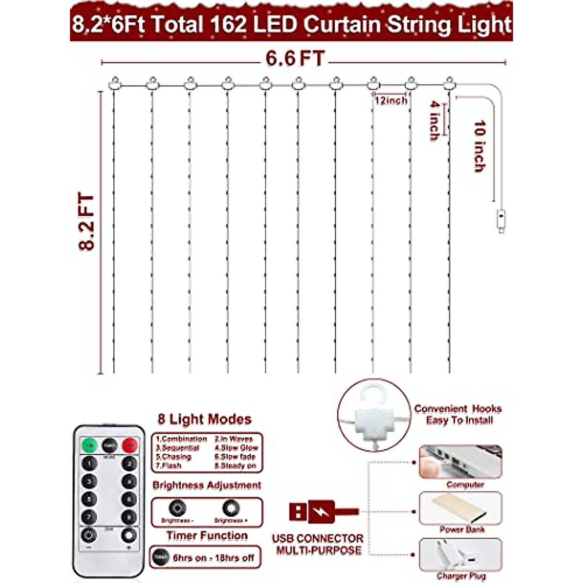 300 Led Curtain String Lights, 10x10 Ft Remote Control Curtain Lights USB Plug in Waterproof Window Wall Hanging Curtain Fairy Light for Bedroom Wedding Party Decor Home Indoor Outdoor Decorations