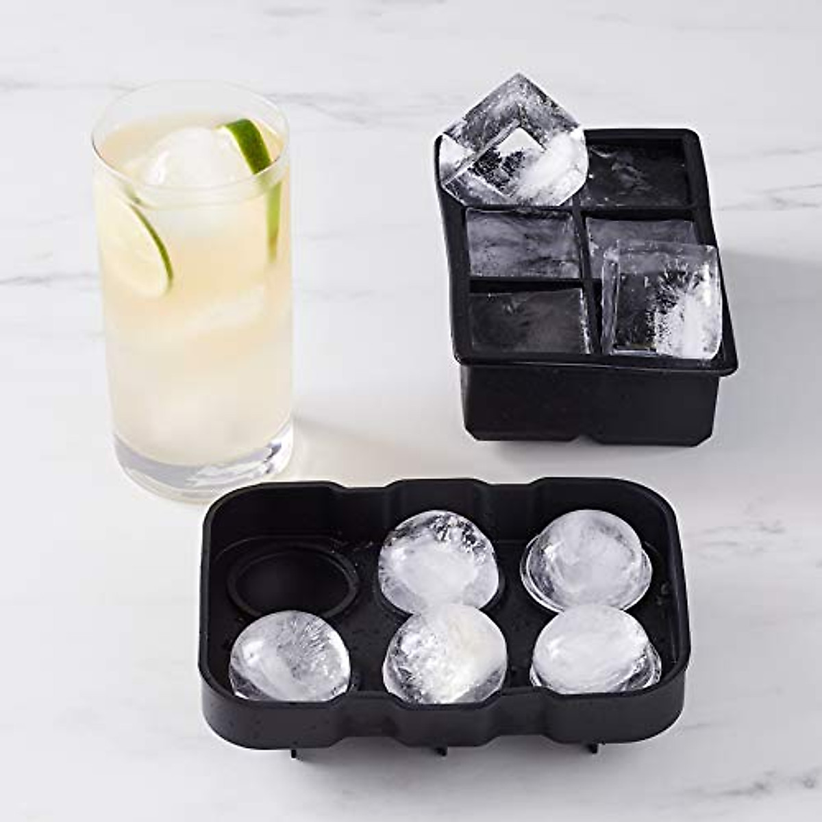 AmazonCommercial Silicone Ice Cube Tray - Set of 2 with (1) Spherical mold and (1) Square mold