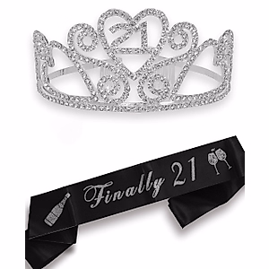21st Birthday Sash and Tiara for Women - Fabulous Set: Glitter Sash + Floating Heart Rhinestone Silver Premium Metal Tiara for Women, 21st Birthday Gifts for 21st Birthday Party
