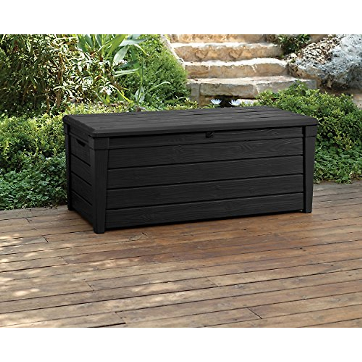 Keter Brightwood 120 Gallon Resin Large Deck Box for Patio Garden Furniture, Outdoor Cushion Storage, Pool Accessories, and Toys, Grey