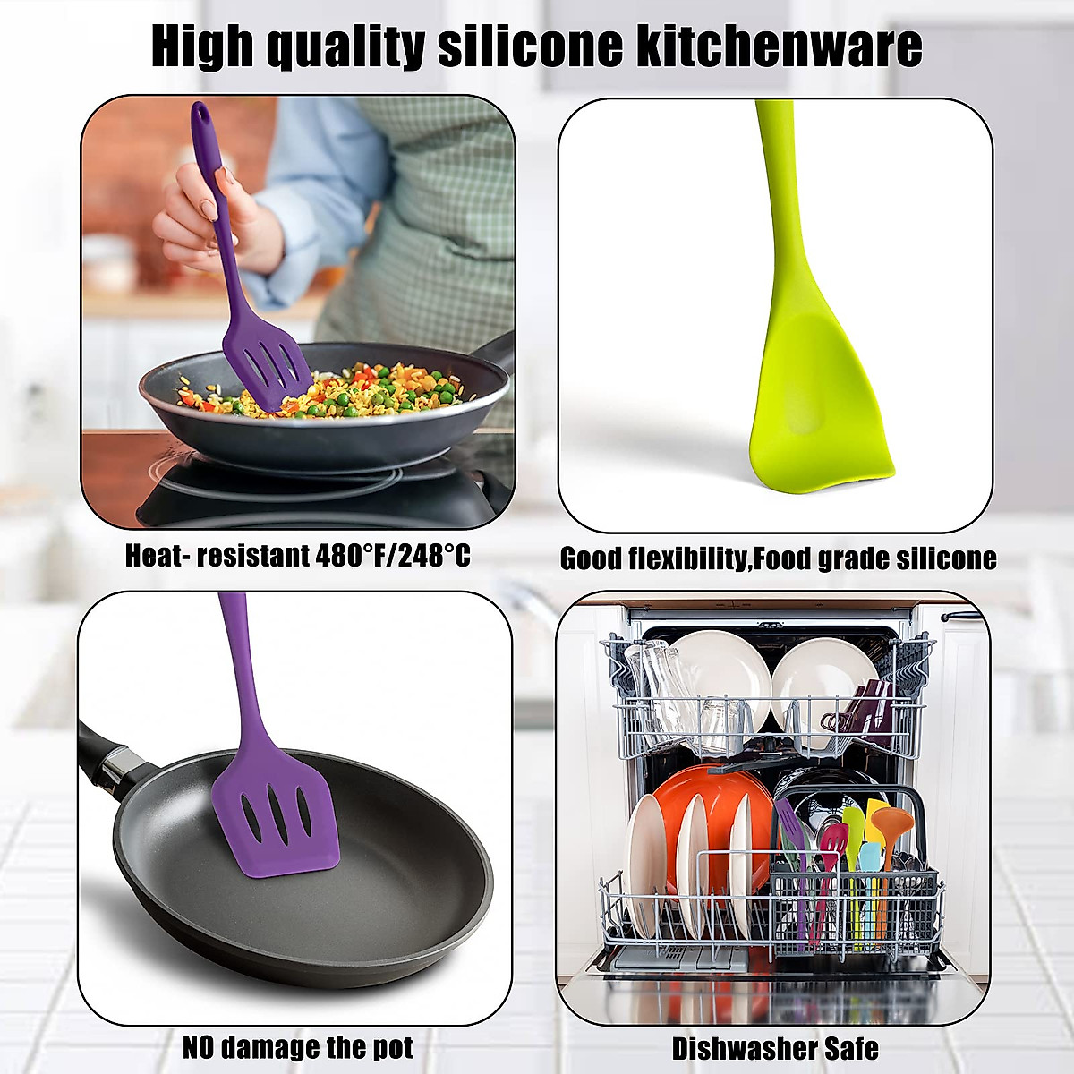 KAY RUK Kitchen Silicone Utensil Set,10Pcs Silicone Cooking Utensils Set,Food Grade Safety Silicone Utensils,480℉Heat Resistant Kitchen Tools,Seamless Easy to Clean, Non Stick Utensils(Multicolor)