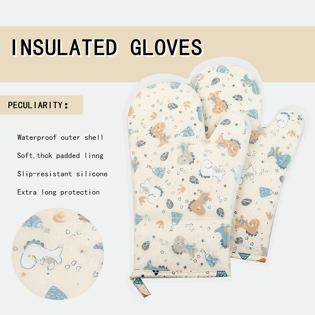 Professional Silicone Oven Mitts,Heat Resistant Waterproof Gloves, Anti-scalding Chef Cooking and Baking Pothholders, Flexible Oven Gloves with Quilted Liner,1 Pair, 11.6 Inch (Dinosaur)