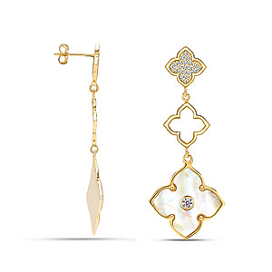 LeCalla 925 Sterlings silver Mother of Pearl Long Drop Earrings | 14K Gold-Plated CZ Three Clover Flower Drop Dangle Earring Mother's Day Gift for Women