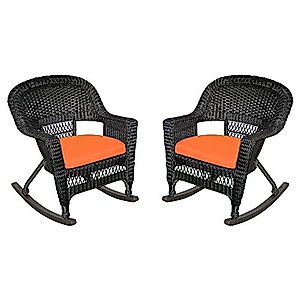 Jeco Rocker Wicker Chair with Orange Cushion, Set of 2, Black