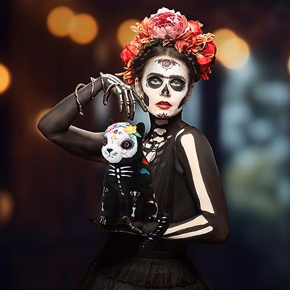 Hiboom Skeleton Black Cat Stuffed Animal 13 Inch Soft Plush Black Kitten Stuffed Animal Nightmare Catnap Plush for Halloween Day of The Dead Decor Gift Birthday Party Favors(Classic Style)