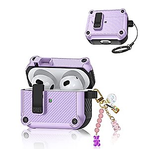 [5 in 1] Case for Airpods 3rd Gen with Lock, Carbon Fiber Secure Lock Clip PC+TPU Shockproof Protective Air Pods 3 Case Cover for Women for Airpods 3rd Generation with Fashion Candy Keychain (Purple)