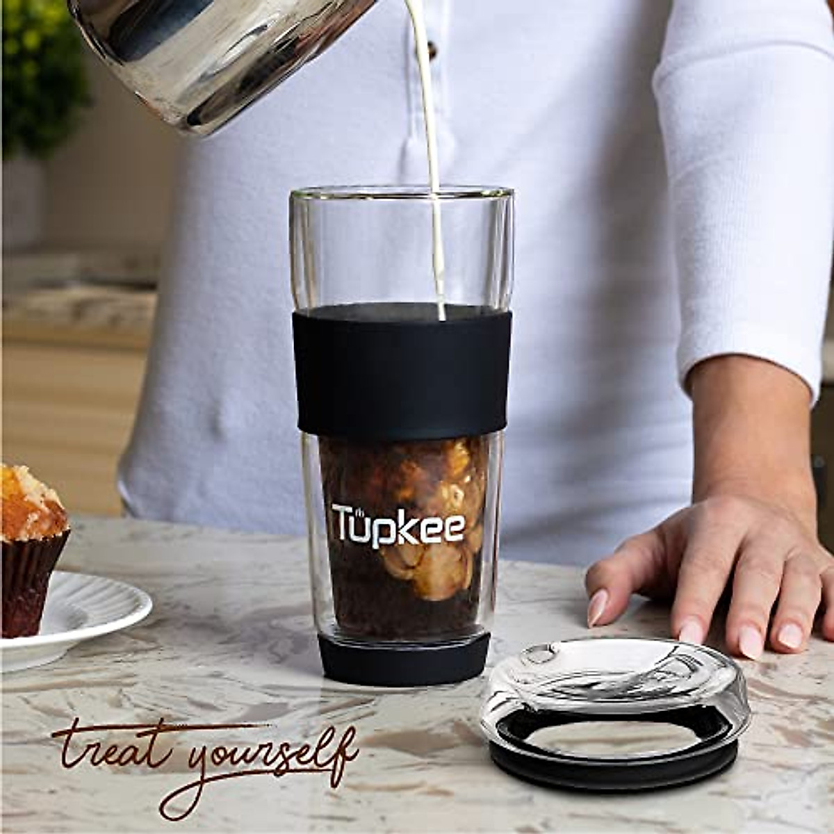 Tupkee Double Wall Glass Tumbler - 14-Ounce, All Glass Reusable Insulated Tea/Coffee Mug & Lid, Hand Blown Glass Travel Mug - Black