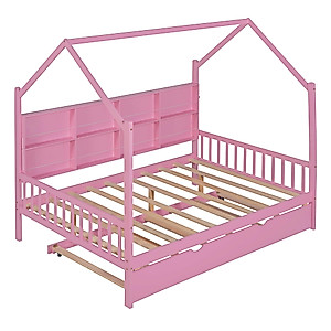 Harper & Bright Designs Full Size House Bed with Trundle, Wood Full House Bed Frame with Shelf Compartment, Full House Bed for Kids with Roof for Girls, Boys,No Box Spring Needed, Pink