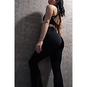 Sunzel Flare Leggings for Women with Pockets, Crossover Yoga Pants with Tummy Control, High Waisted and Wide Leg 30" Inseam Black Medium