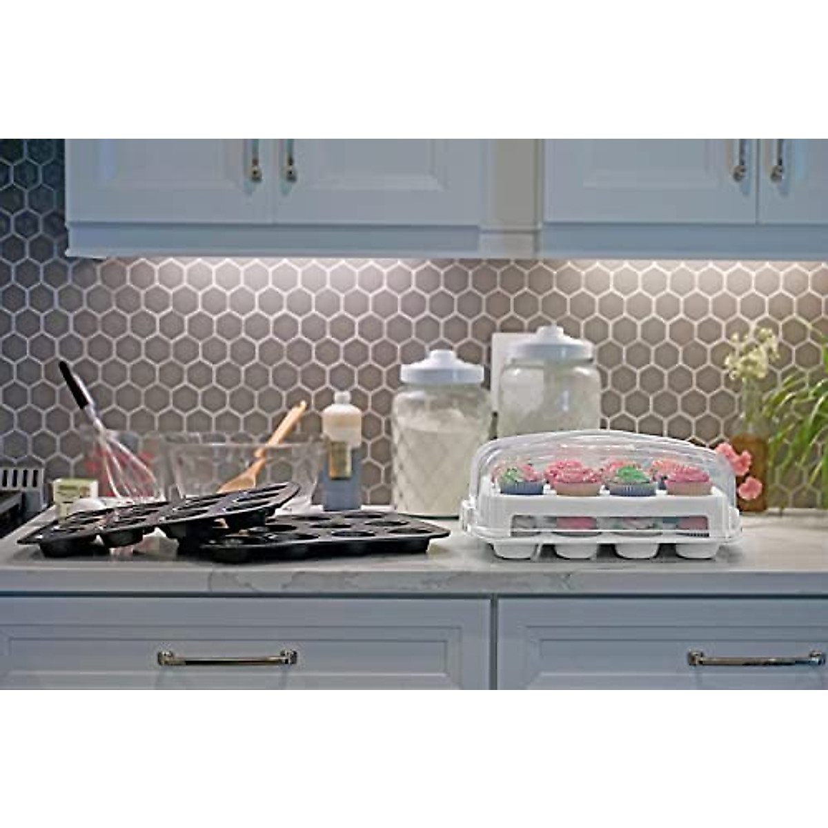 Top Shelf Elements Cupcake Carrier With Two Muffin Pan/Cupcake Pan Stylish Cupcake Carrier With Handle Carrier Holds 24 Cupcakes Muffin Tin Makes 12 Cupcakes each Non Stick Cupcake Tray For Baking