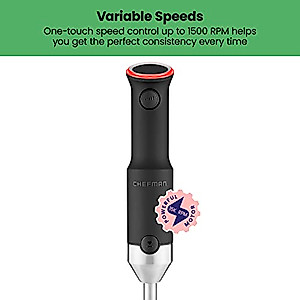 CHEFMAN Cordless Portable Immersion Blender 5-in-1 Blender Set, Ice Crushing Power with One-Touch Speed Control, Comes with Potato Masher, Whisk, Chopper, Beaker, and Storage Case, Stainless Steel