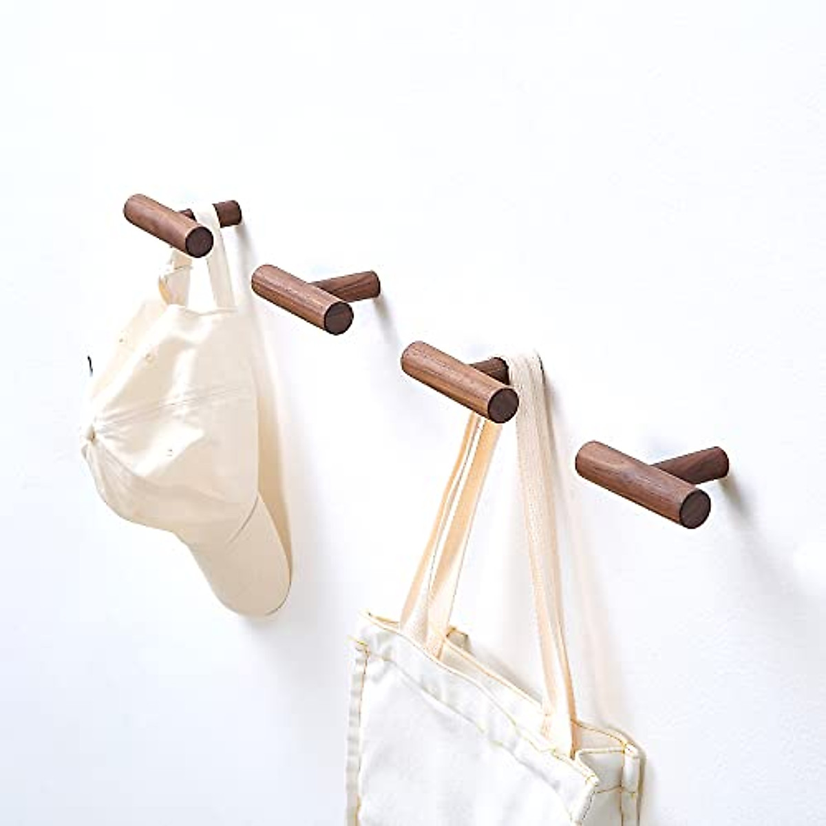 LONANGG Natural Wooden Coat Hooks Wall Hooks - Pack of 4 - Handmade Decorative Wood Coat Pegs - Wall Mounted Modern Hook -Minimalist Hooks for Hanging Hat, Scarf Hooks (Black Walnut Hook)