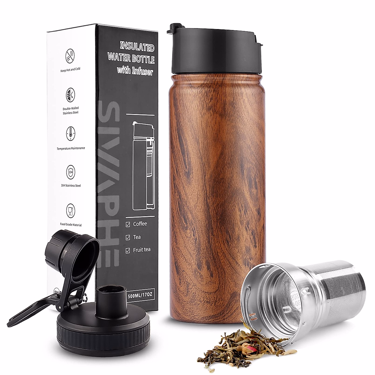 Sivaphe Tea Infuser Bottle With Removable Loose Leaf Tea Strainer, 18/8 Stainless Steel Insulated Travel Tea Tumbler Festival Gift(Wood Grain)