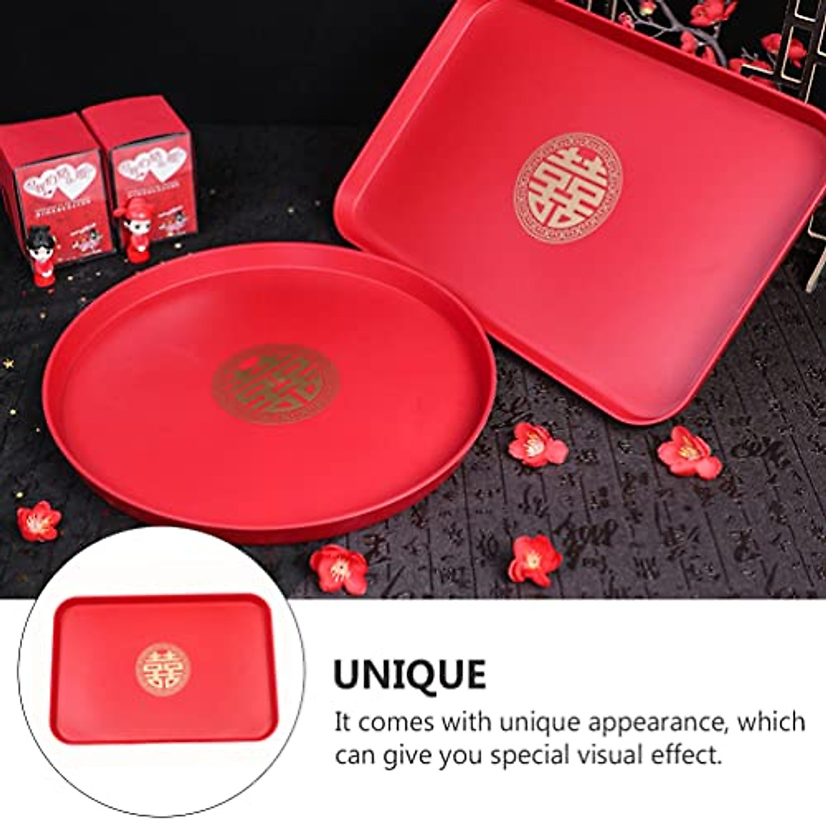 Red Tea Serving Tray Chinese Wedding Dessert Plate Tray Food Serving Tray Decorative Tray Organiser Ottoman Coffee Table Countertop for Bridal Shower Wedding