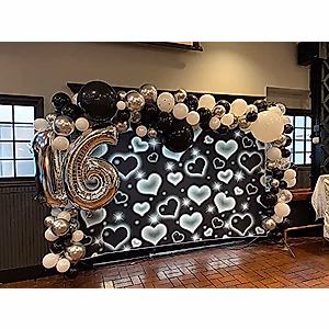 7×5ft Black Heart Photo Backdrop Early 2000s Party Decorations Old School Backdrops Valentine's Day Glitter Heart 16th 18th 30th Women Men 90s Happy Birthday Background Selfile Wall Decor