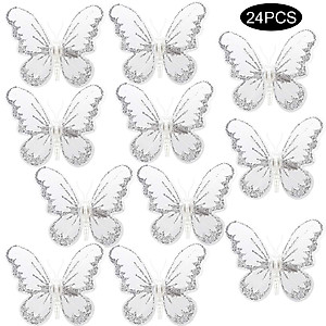 RTWAY Glitter Christmas Butterfly, 24 PCS 3D Glitter Artificial Butterfly Clip on Christmas Tree Ornaments for Wedding Holiday Party Home Decor