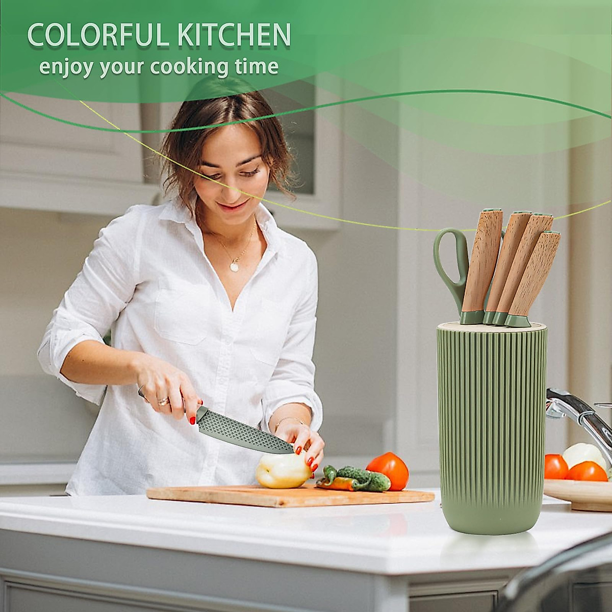 Knife Set, 6 Pieces Professional Kitchen Knife Set with Universal Knife Block, Super Sharp Knife Set with Ergonomic Handle Non-stick Stainless Steel Knife Block Set (Green)