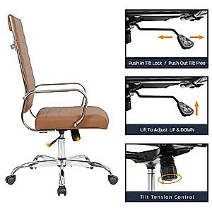 LANDSUN Home Office Chair High Back Executive Chair Ribbed Leather Computer Desk Chair with Armrests Soft Padded Adjustable Height Swivel Modern Conference Chrome Brown