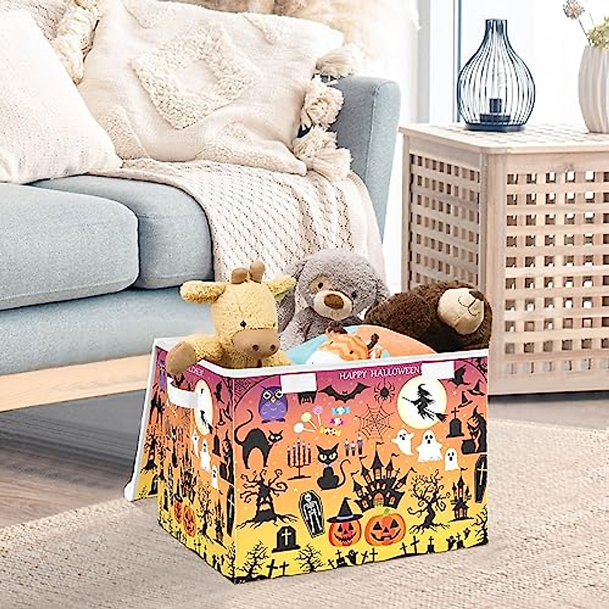 Krafig Halloween Party Foldable Storage Box Canvas Storage Bin Containers Baskets with Lids Handles Cubby Organizer Bins
