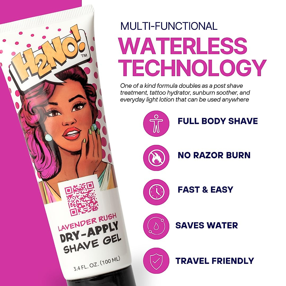 H2NO Lavender Rush Dry-Apply Shave Gel 3.4oz TSA Friendly | Waterless Shave Gel | NO RAZOR BURN | Electric Razor Approved | Shave on the go