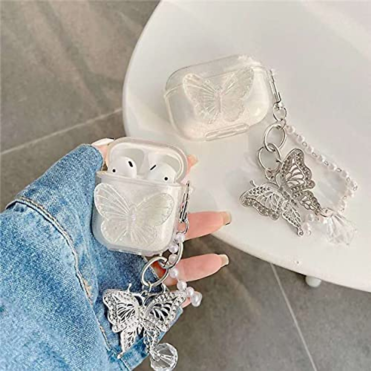 HENJI Case for Airpods Pro, 3D Cute Glitter Soft Earphone Accessorie Cover for Air Pods Pro, Headphone Headset Cover with Pearl Butterfly Pendant, Gift for Girls Women (Butterfly Keychain)