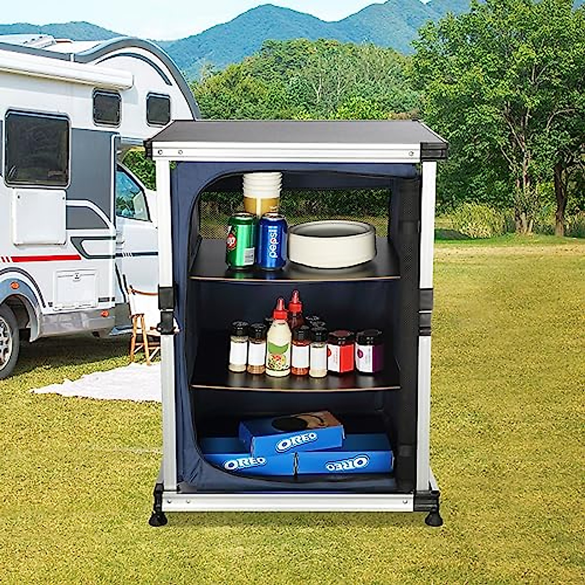 VEVOR Camping Kitchen Table Storage, Outdoor Pop-up Aluminum Portable Folding Cook Station with 3-Tier Organizer, Side Pocket & Carrying Bag, Quick Set-up for BBQ Party Backyard RV Traveling, Blue