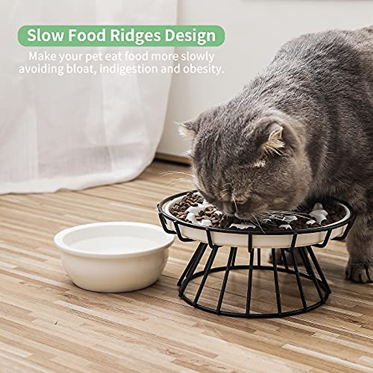 Elevated Slow Feeder Bowl for Cats and Small Dogs with Stand and Water Bowl, Ceramic Raised Cat Puzzle Food Plate, Healthy Eating Anti Vomiting Pet Feeding Dish, Against Bloat, Indigestion, White