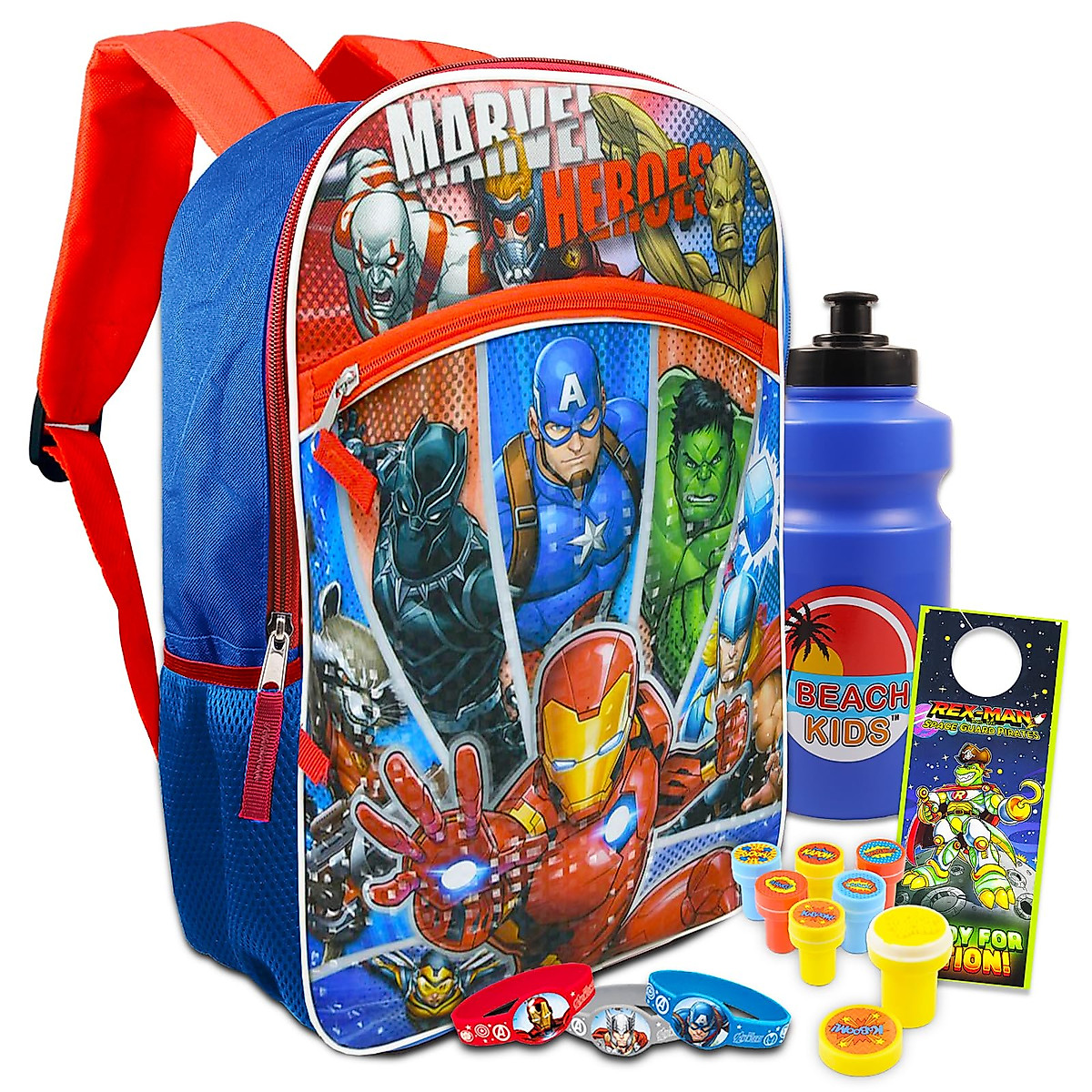 Avengers Backpack for Boys 8-12 Set - 16" Marvel Avengers Backpack Bundle with Water Bottle, Stickers, Stampers, More | Avengers School Supplies