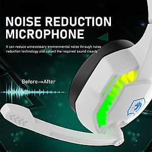 Wired Gaming Headset with Rainbow RGB Backlight Retractable Noise Isolating Microphone Stereo Sound Deep Bass Memory Foam Earmuff Over Ear Headphone for PS4 Xbox One Switch PC Mac Gamer Music (White)